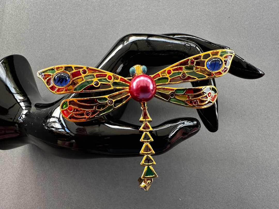 JOAN RIVERS Plique A Jour Dragonfly Brooch, Stained Glass, Insect Pin ...