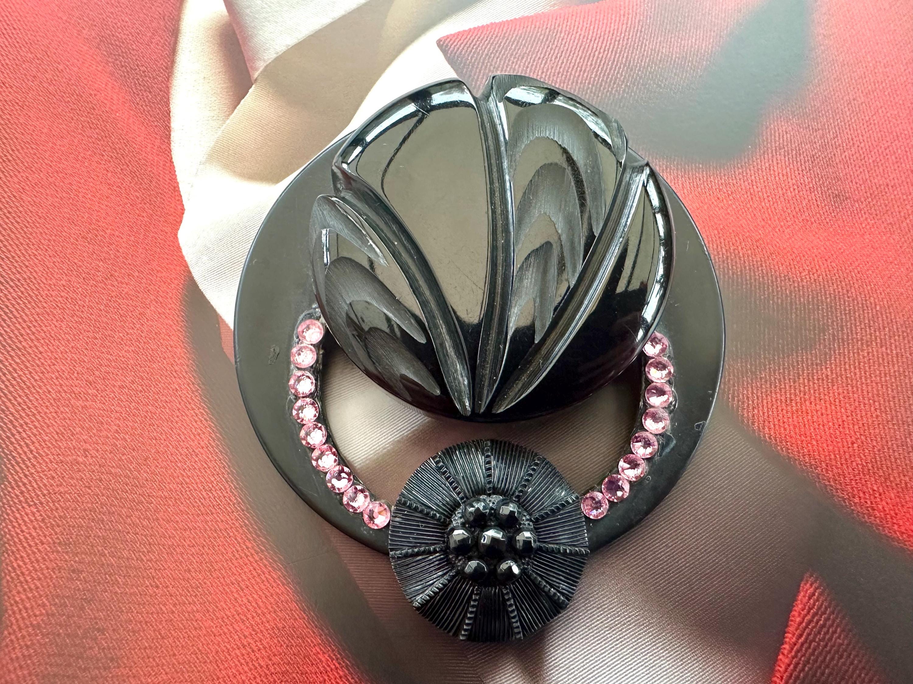 Black Resin Plastic Circular Brooch With Pink Rhinestone Accents ...