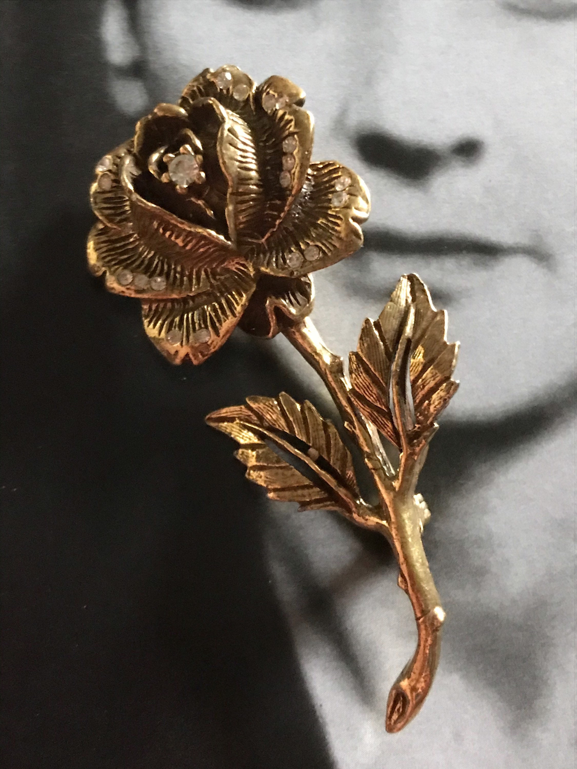 GOLDETTE Antiqued Gold Metal Rose Brooch Rhinestone Flower - Etsy UK