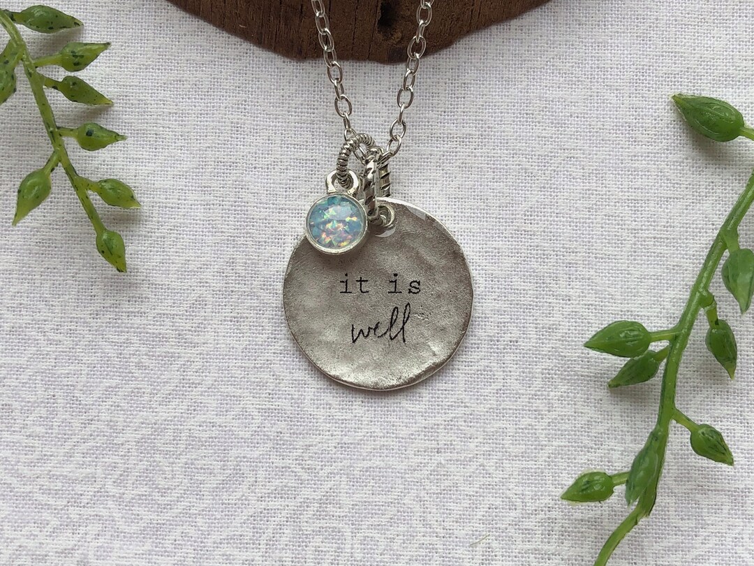 It is Well Necklace, Hammered Flat Tag, Graphic Necklace, Blue Opal ...