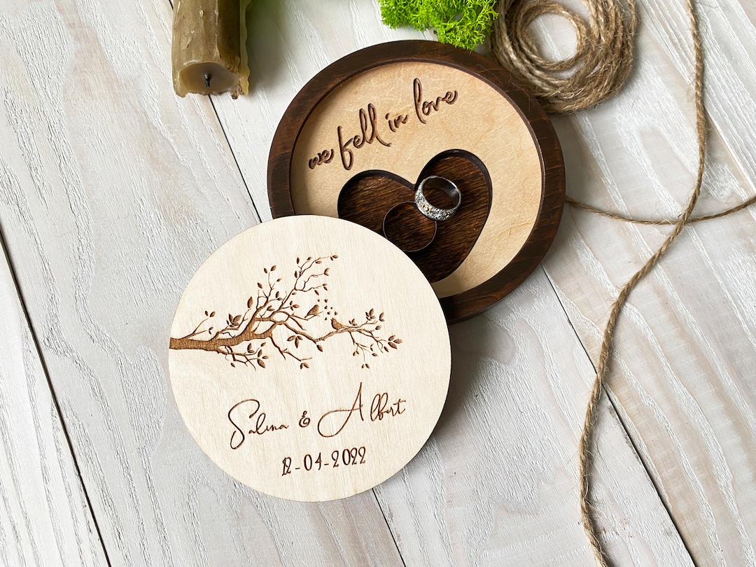 Personalized Wooden Wedding Ring Holder: Rustic Tree Theme Ring Bearer ...