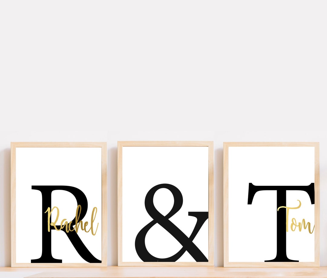 Trio of Initial Prints Above Bed Gallery Wall With Gold - Etsy
