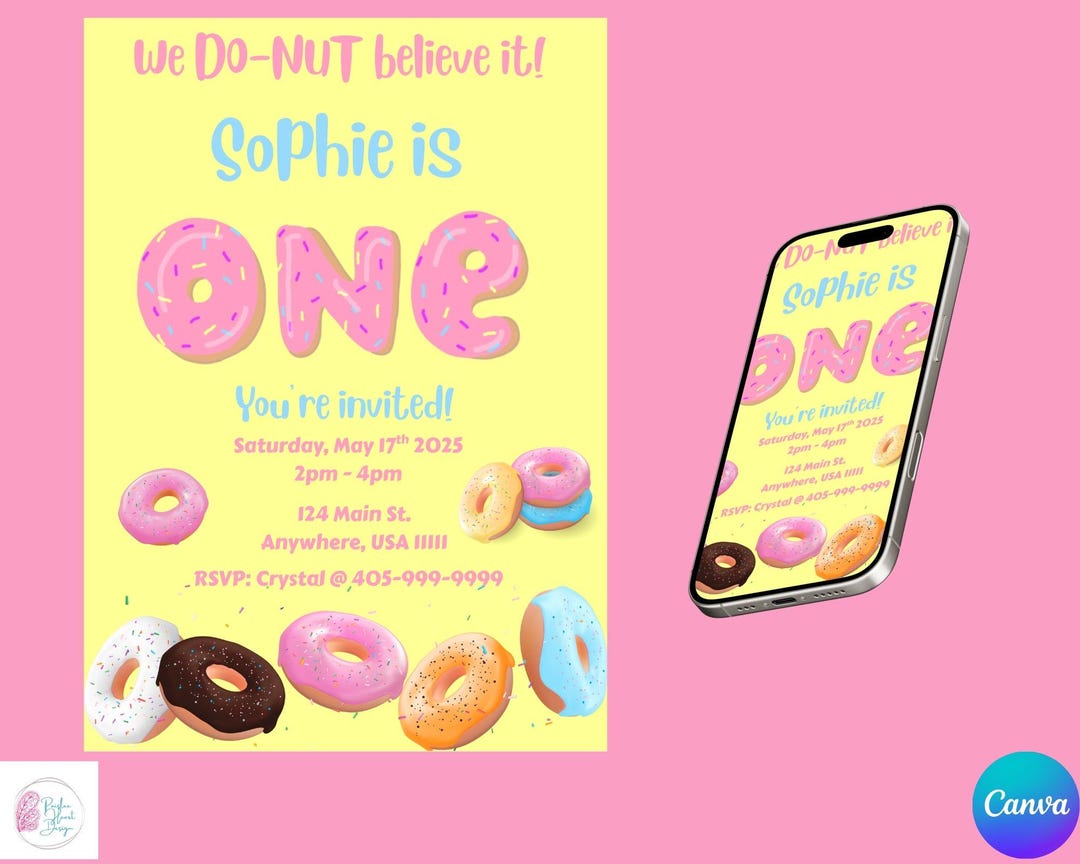 Editable Donut Birthday Invitation, First Birthday Invite, One Year Old ...