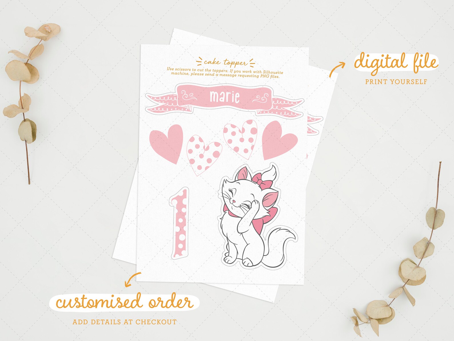 DIGITAL Marie Cake Topper, Cat Marie Printable, Marie Editable Birthday ...