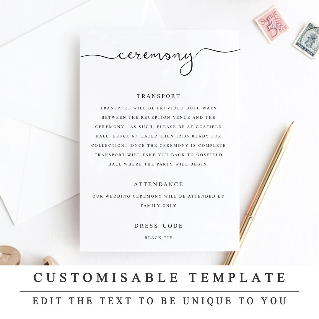 Printable Wedding Ceremony Template, Wedding Insert Cards, Elegant ...