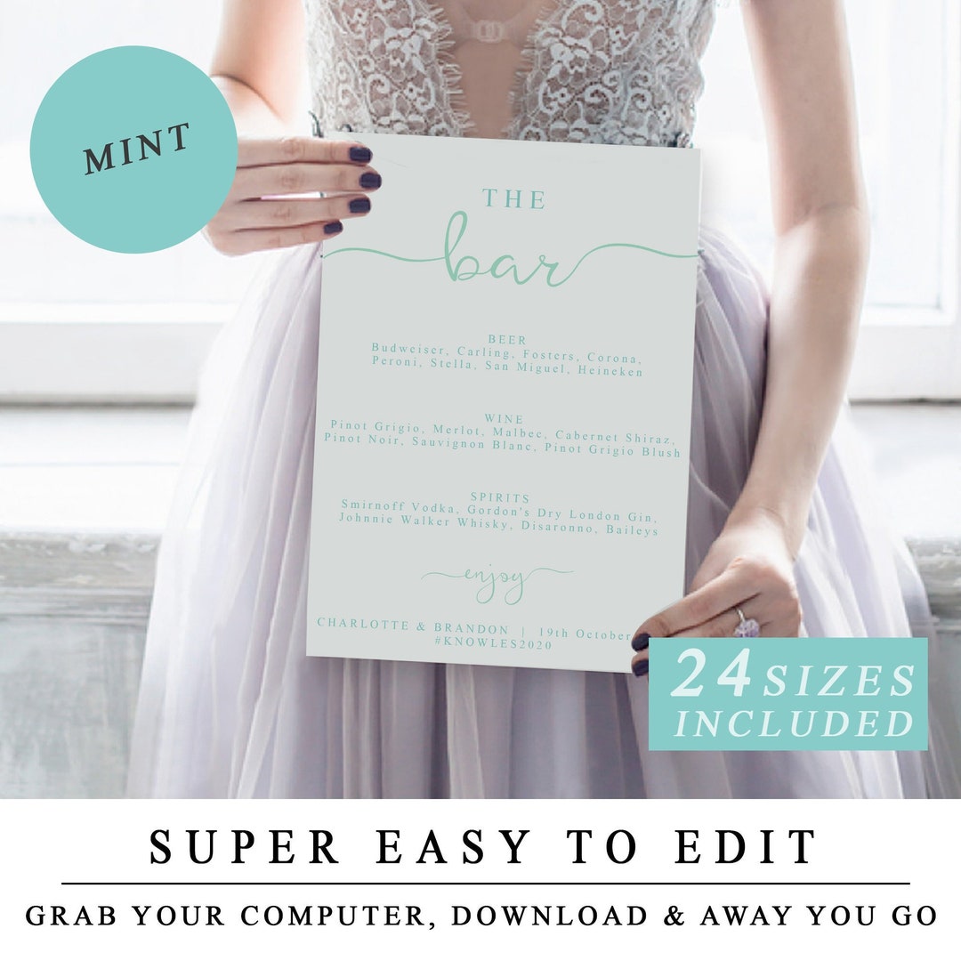 Bar Menu Sign in Mint, Printable Bar Menu Sign Template, Wedding Bar ...