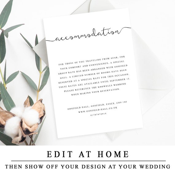 Printable Wedding Accommodation Insert Template