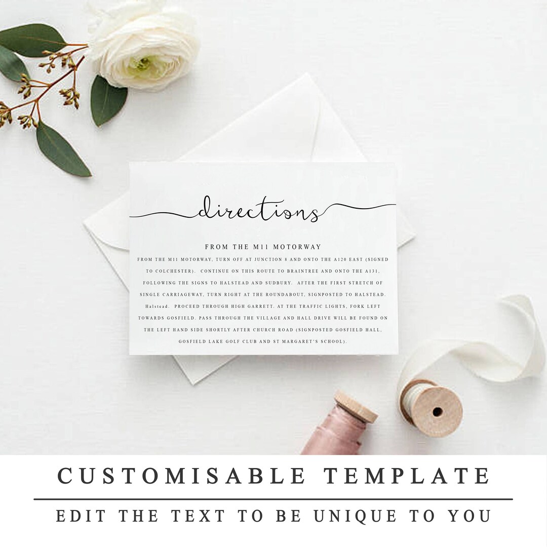 Printable Wedding Directions Template, Wedding Insert Cards, Elegant ...