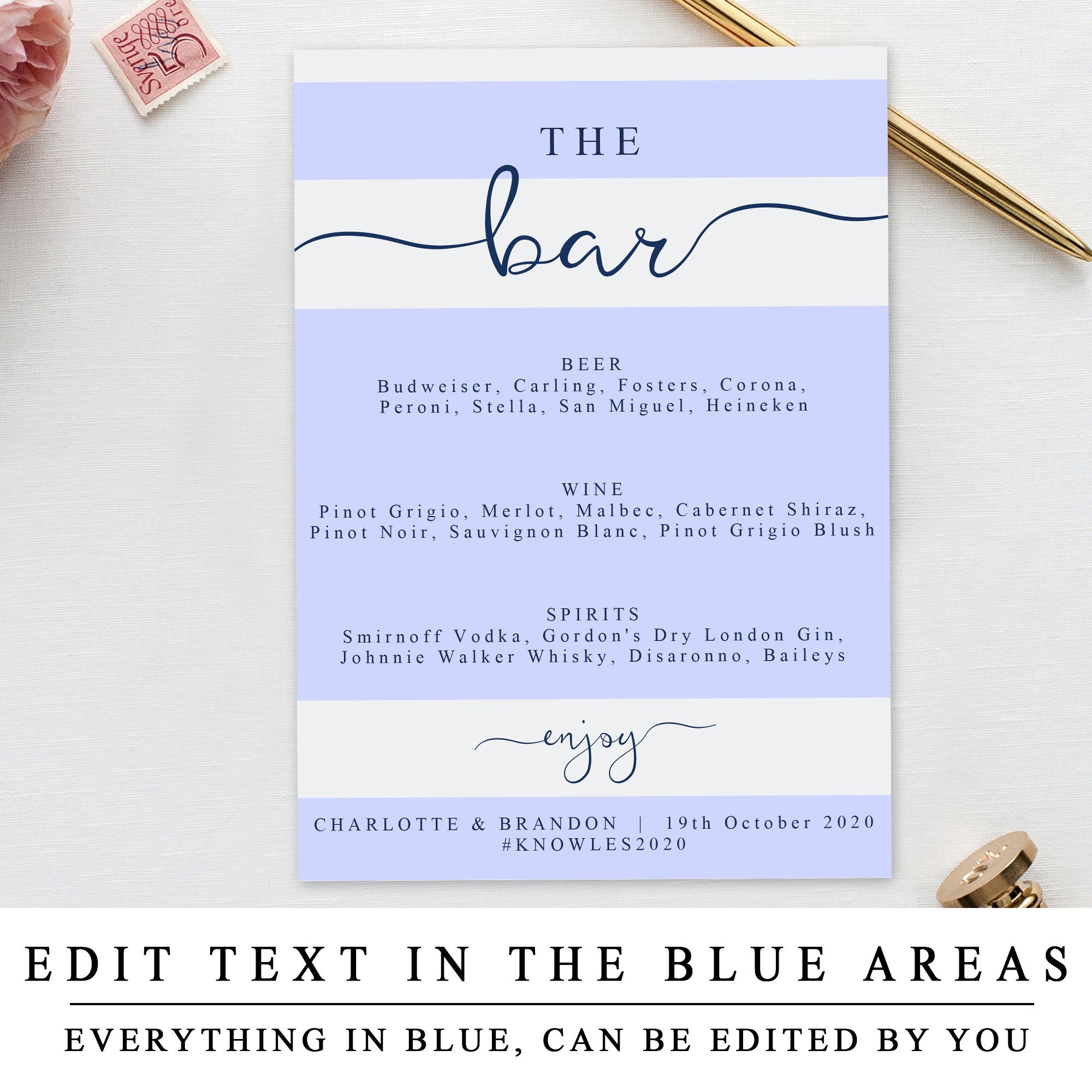 Navy Bar Menu Sign, the Bar Sign, Wedding Bar Menu Printable, Wedding ...