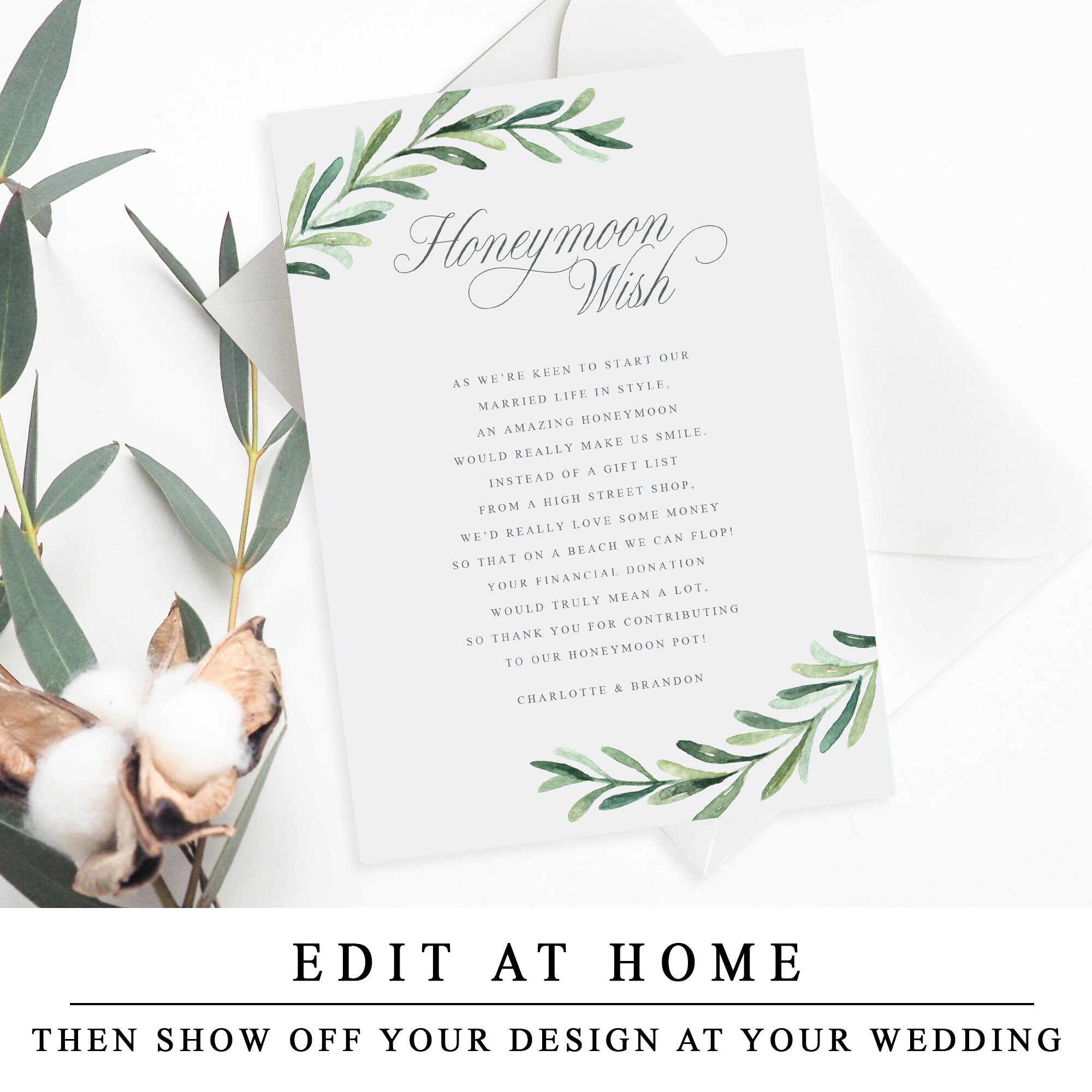 Printable Honeymoon Wish Cards, Greenery Honeymoon Wish Cards ...