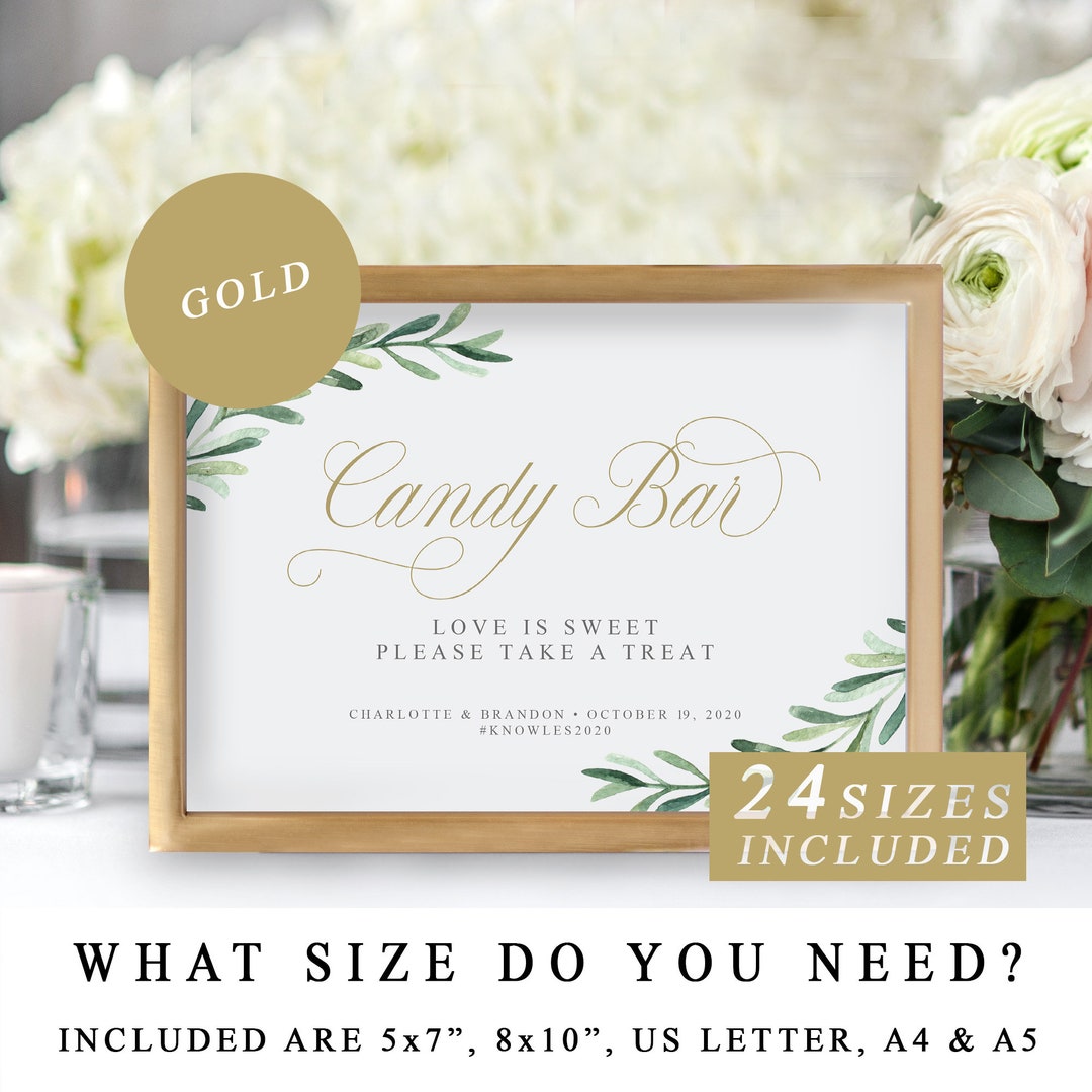 Greenery Candy Bar Sign With Gold Calligraphy, Wedding Sweets Sign ...