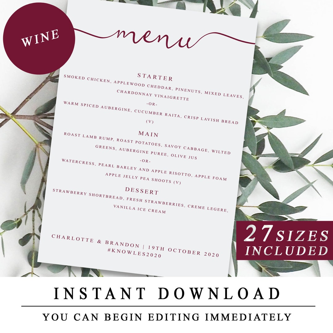 Wedding Menu Template (WINE / Dark Red / Burgundy) Printable, DIY ...
