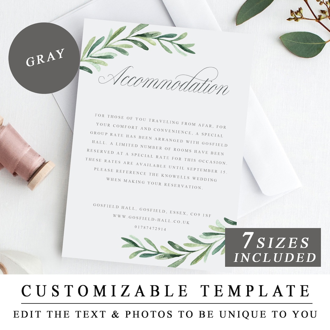 Wedding Accommodation Template, Printable Accommodation Cards, Greenery ...