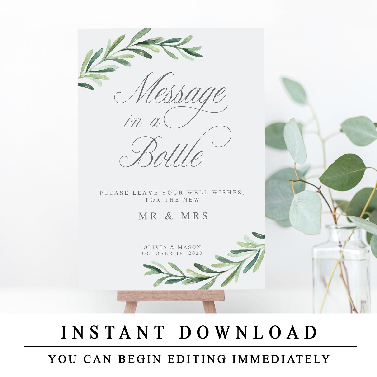 Greenery Message in A Bottle Wedding Guest Book Sign, Nautical Wedding ...