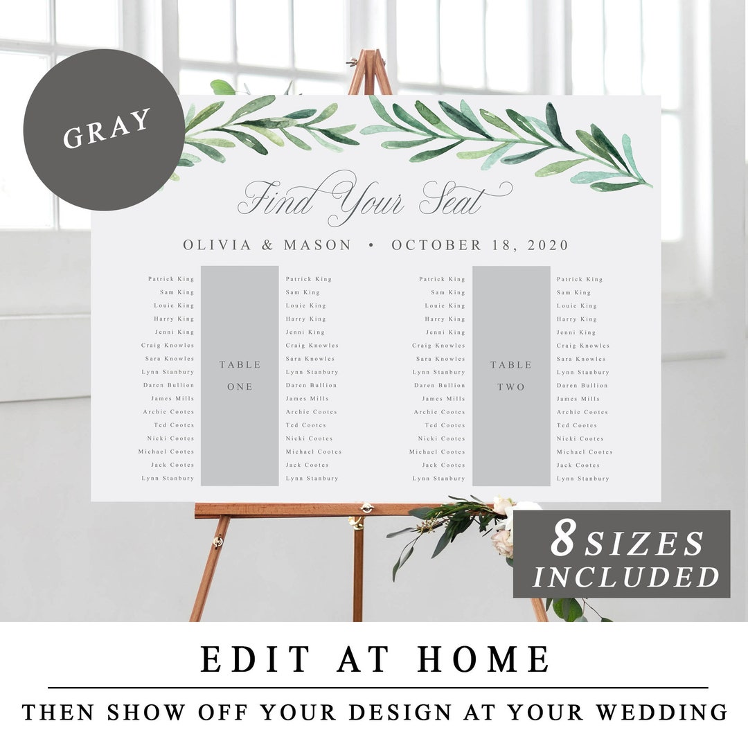 Banquet Styled Seating Chart in Gray, Two Table Version, Wedding ...