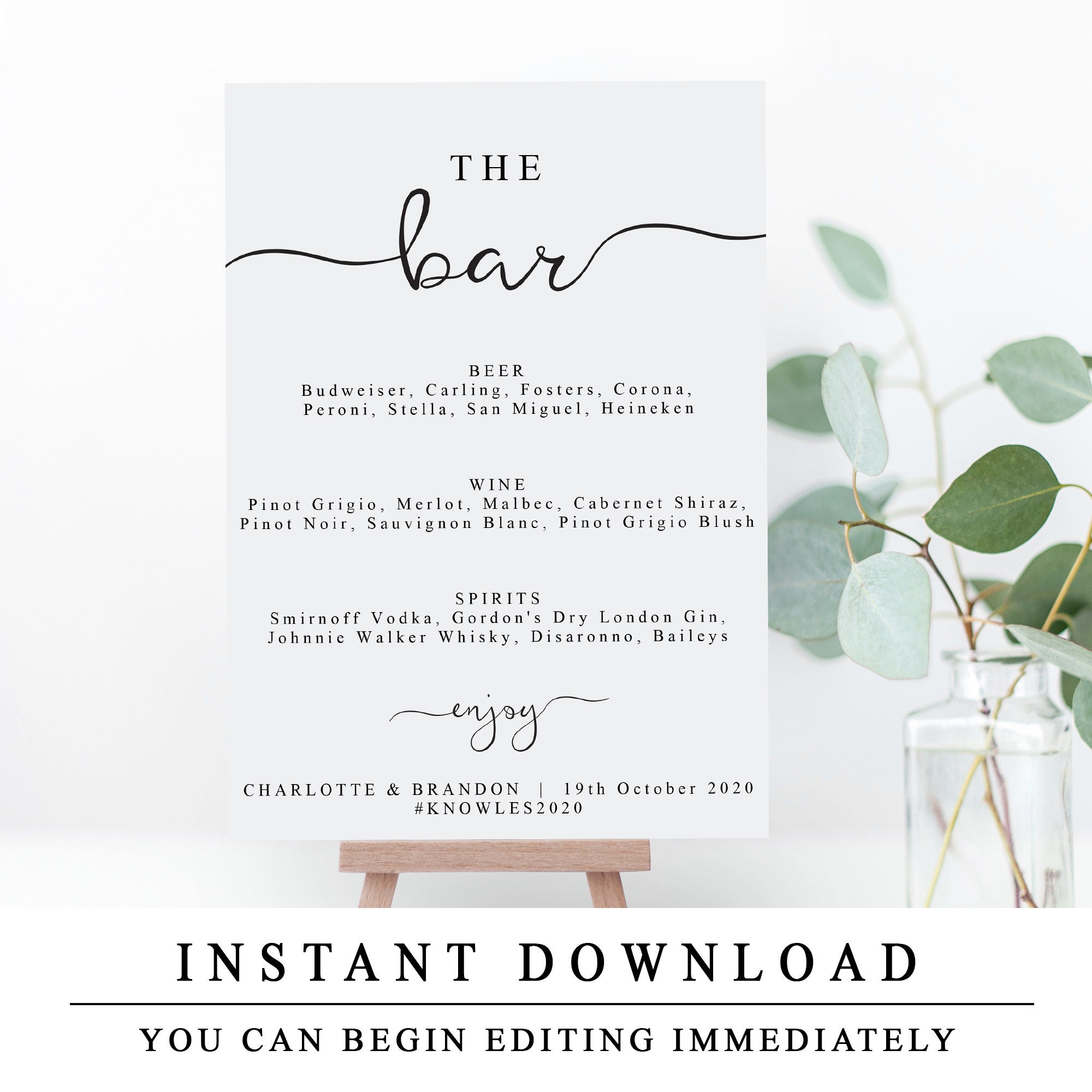 DIY Wedding Bar Menu Sign, Personalised Wedding Bar Sign, Print at Home ...