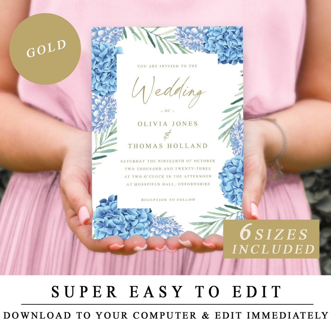 Blue Floral DIY Wedding Invitation Template With Gold Calligraphy ...