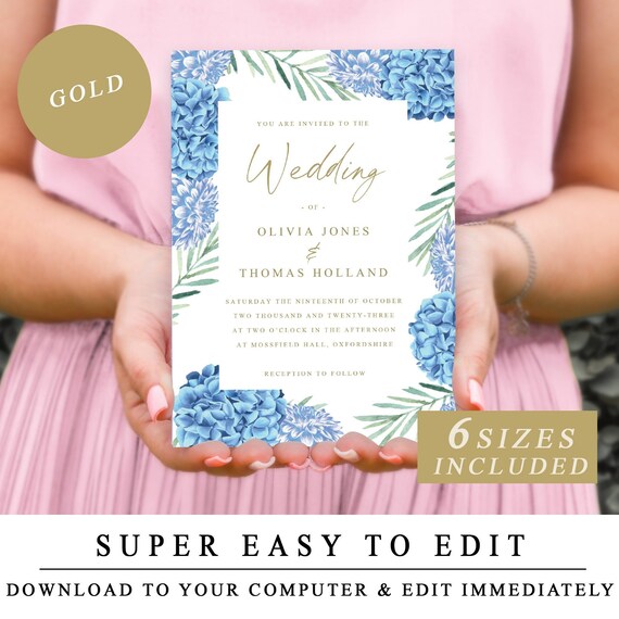 Blue Floral DIY Wedding Invitation Template With Gold - Etsy