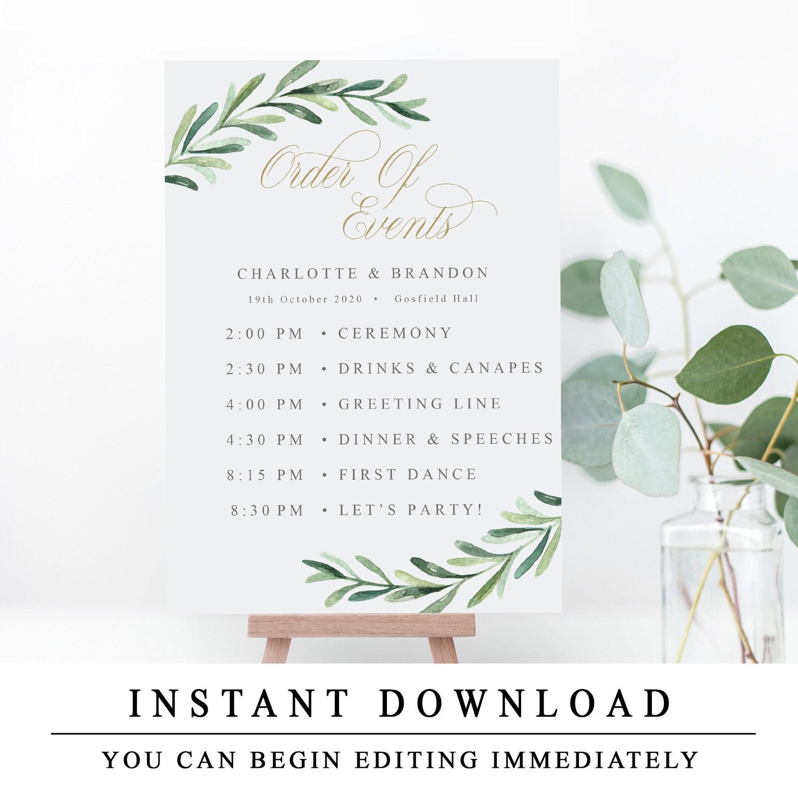 Greenery Wedding Order of Events Card with Gold Calligraphy | Etsy