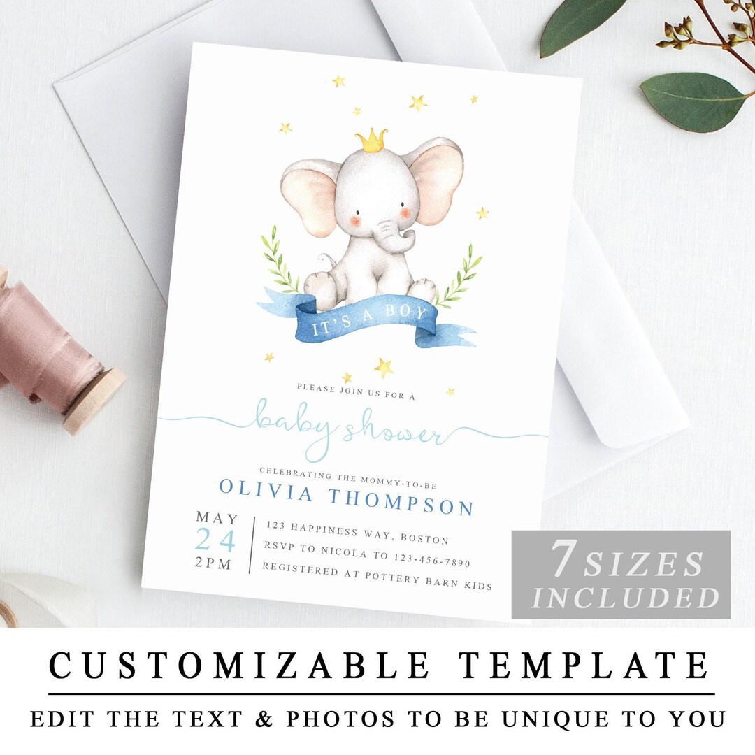 Baby Boy Elephant Shower Invitation, Elephant Baby Shower Invite, Blue ...