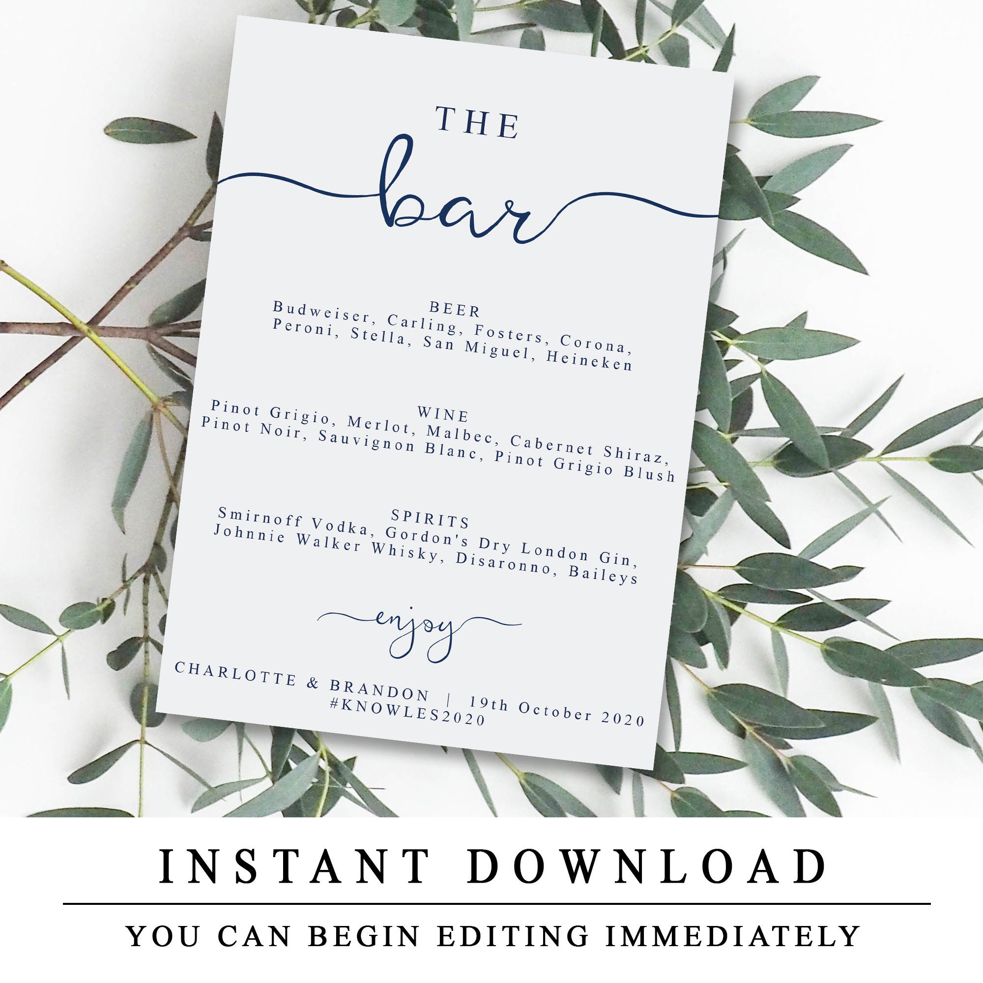 Navy Bar Menu Sign, the Bar Sign, Wedding Bar Menu Printable, Wedding ...