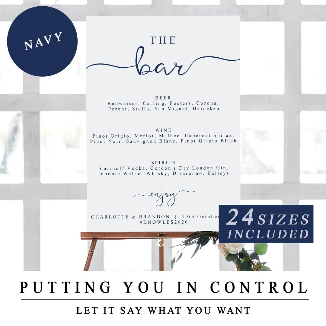Navy Bar Menu Sign, the Bar Sign, Wedding Bar Menu Printable, Wedding ...