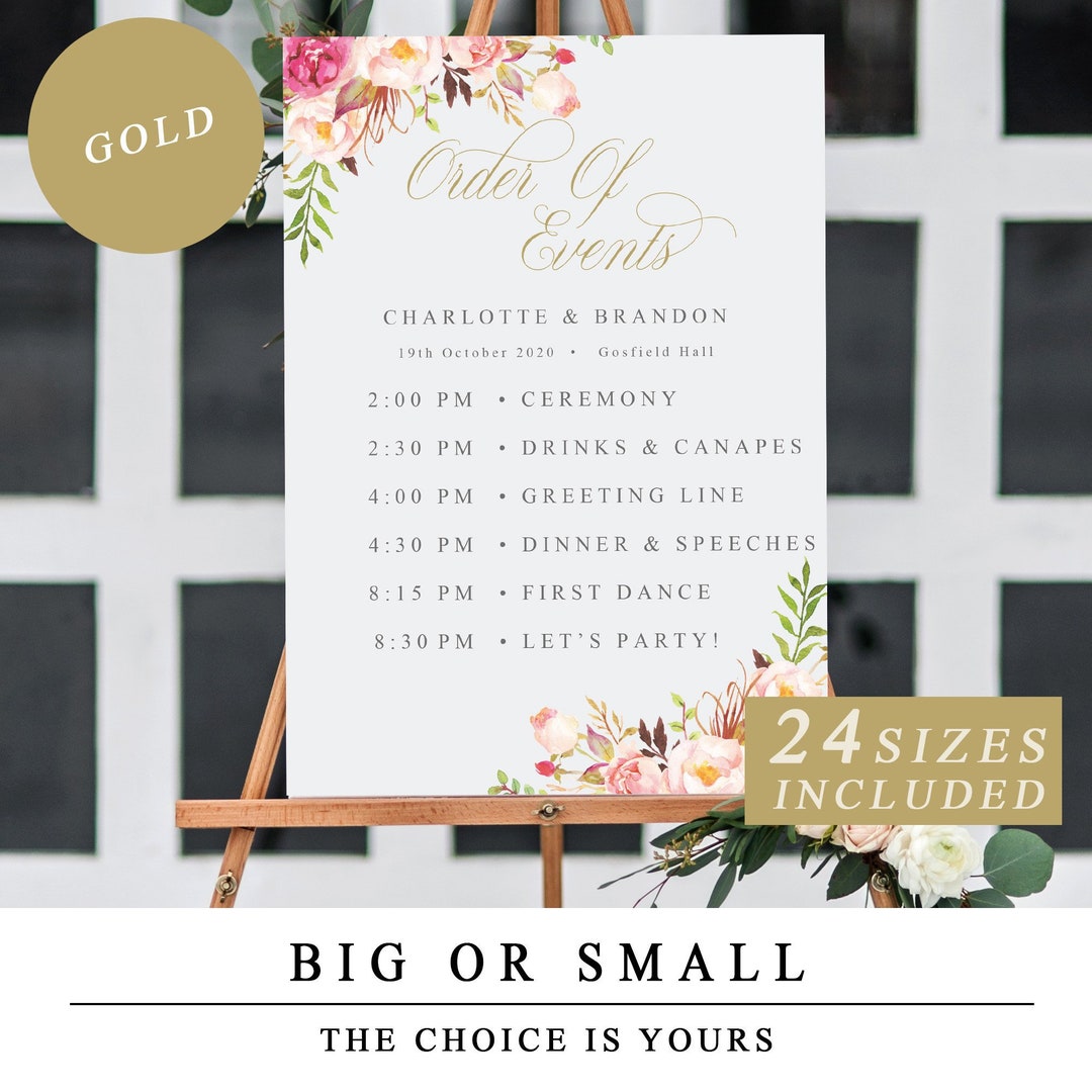 Pink Floral Wedding Order of Events Card, Gold Calligraphy, DIY ...