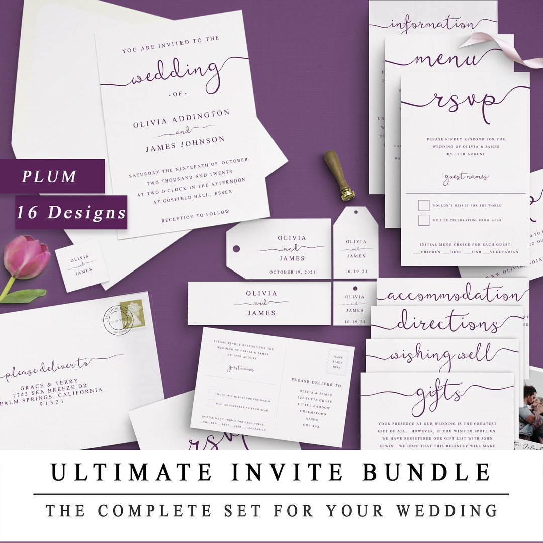 The One | Printable Wedding Invitation Bundle in PLUM, With 16 Designs ...