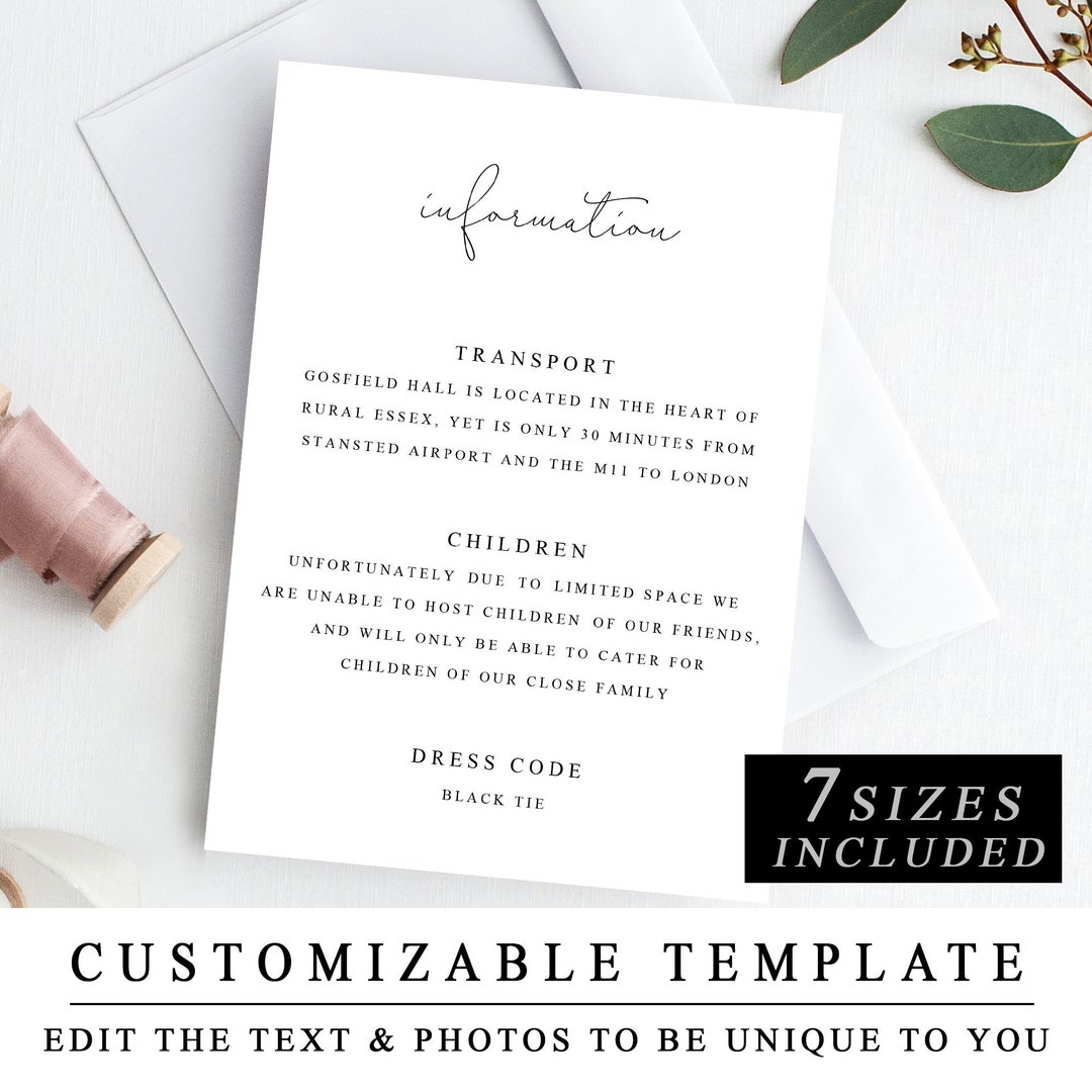 Printable Wedding Details Template, Wedding Insert, Elegantly ...