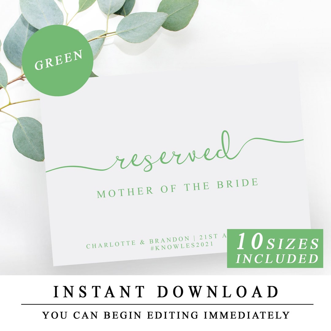 Wedding Ceremony Reserved Seating Sign in Green, Reserved Table Sign ...