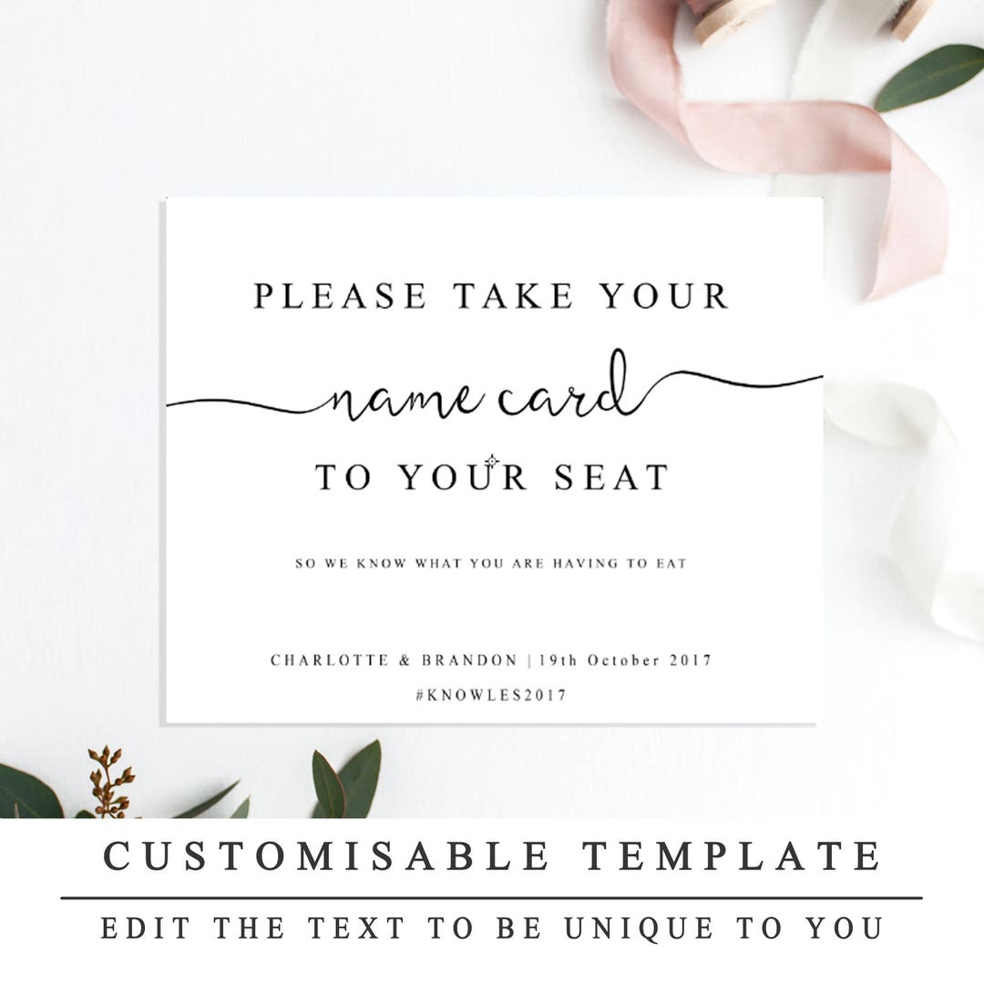 DIY Wedding Escort Card Sign, Take Your Name Card Editable Template ...