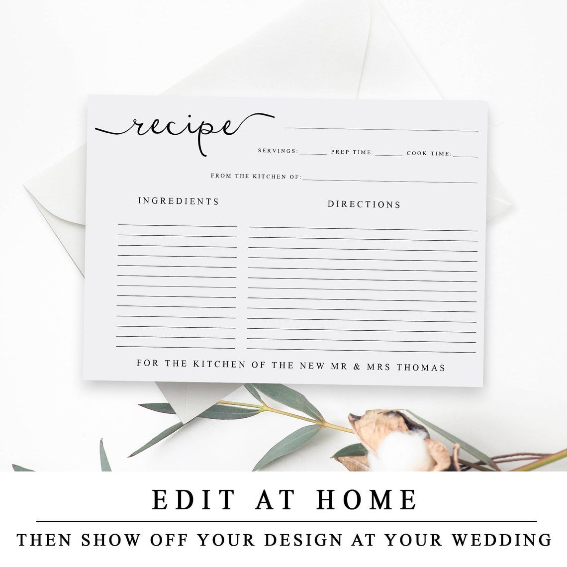 Recipe Card Template Printable Bridal Shower Insert Wedding - Etsy