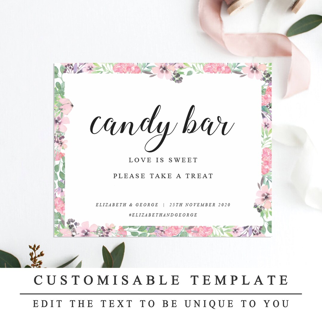 Floral DIY Printable Wedding Sign, Wedding Candy Bar Sign, Sweet Cart ...