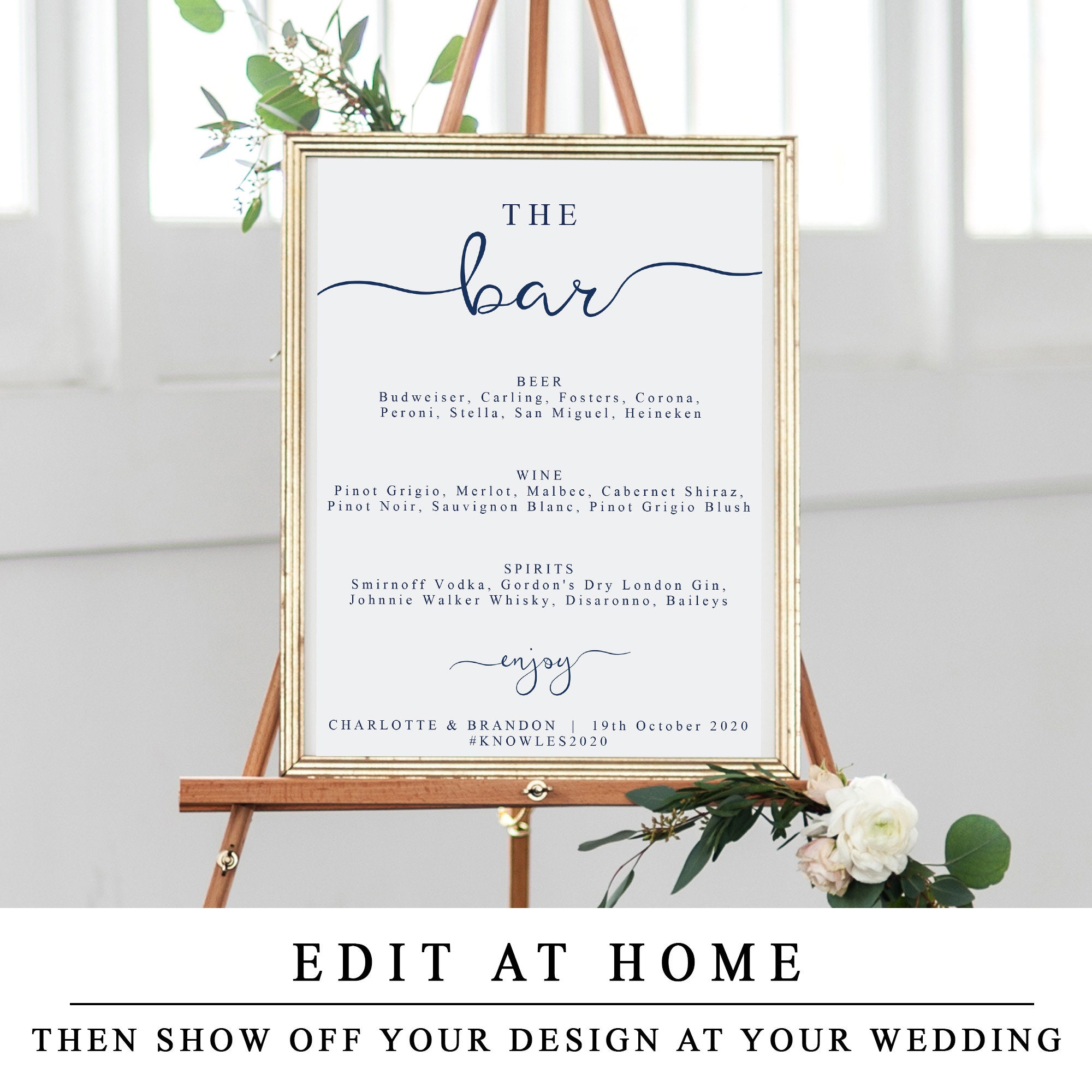 Navy Bar Menu Sign, the Bar Sign, Wedding Bar Menu Printable, Wedding ...