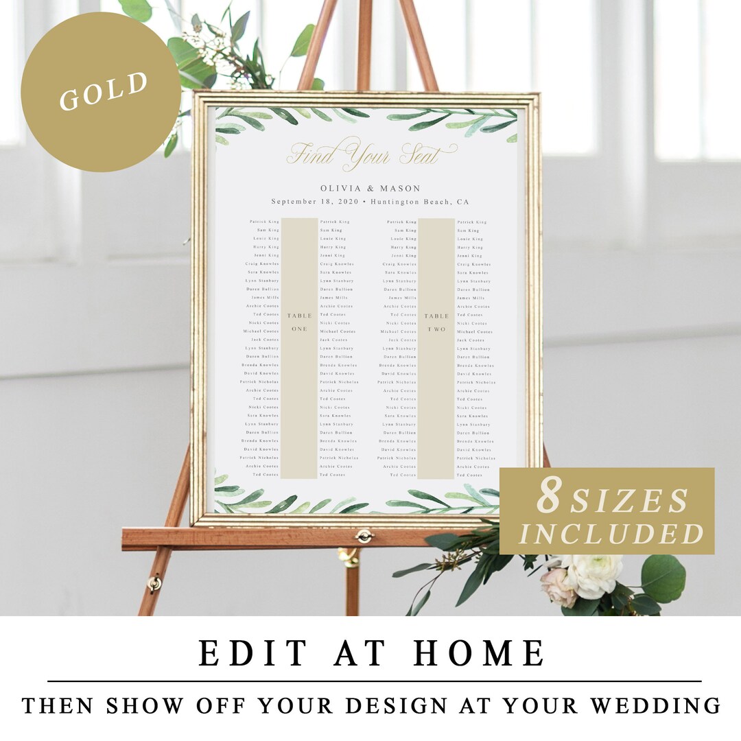 Wedding Seating Plan in Gold, Two Table Version, Banquet Seating Plan ...