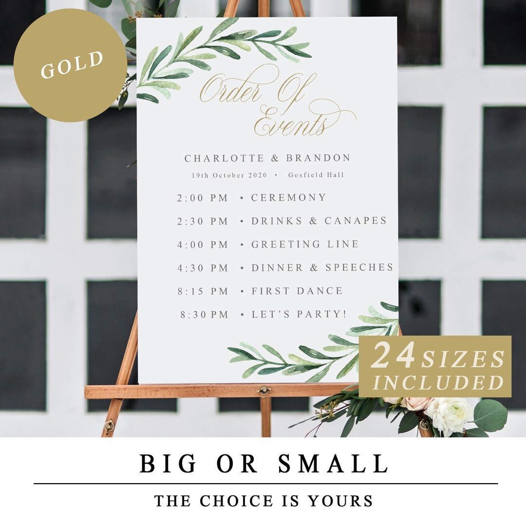 Greenery Wedding Order of Events Card With Gold Calligraphy, DIY ...
