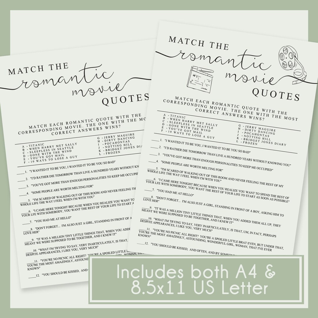 Match the Movie Quote Game - Editable and Printable, Bridal Shower Gams ...