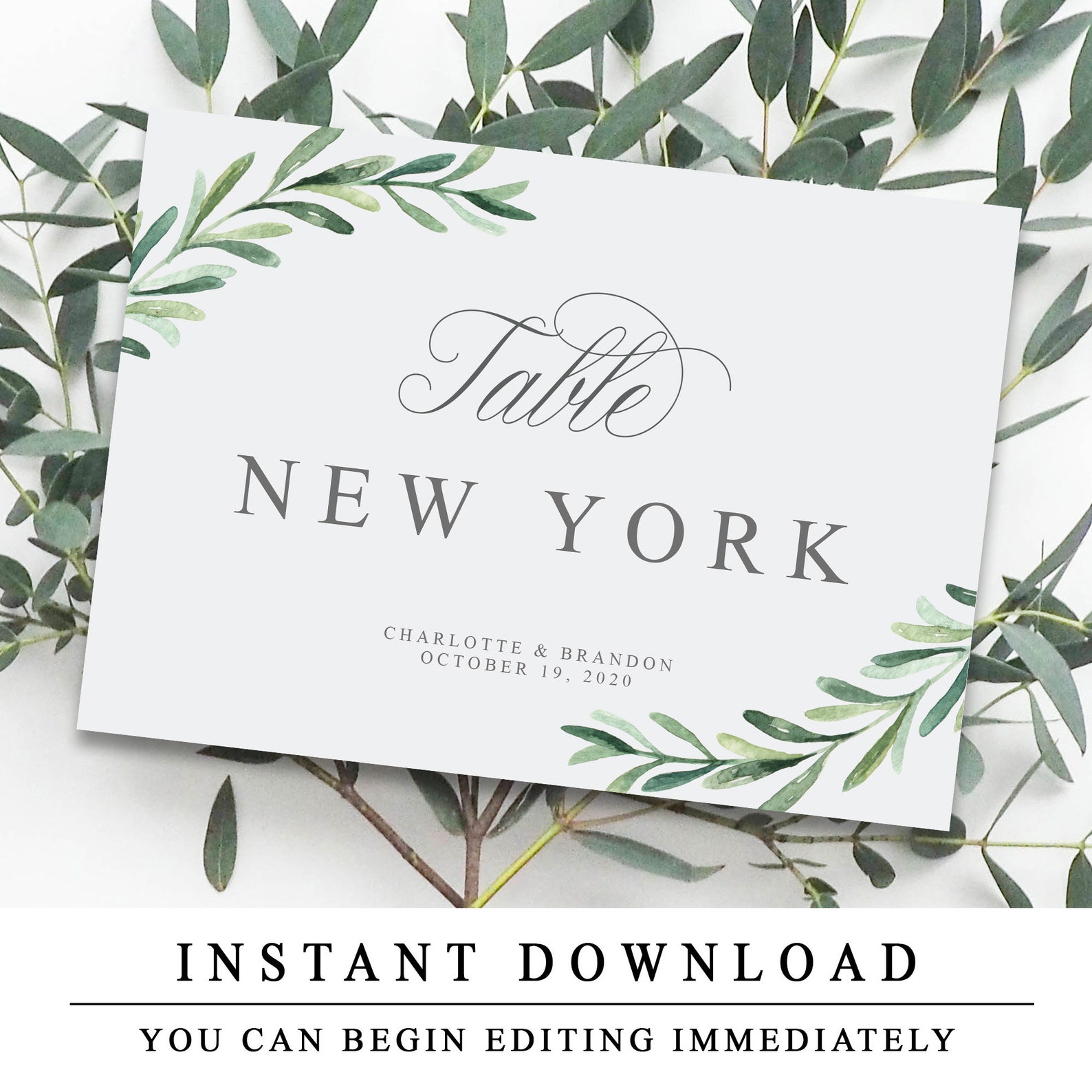 Greenery Table Name Sign, Printable Wedding Reception Table Name Signs ...