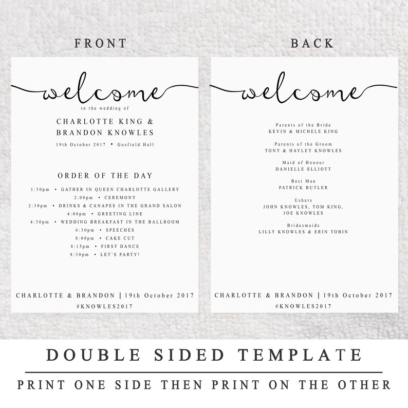 2 Sided Wedding Program Template Printable Editable Wedding | Etsy