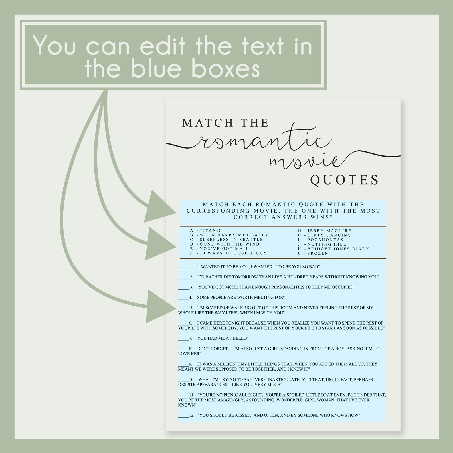 Match the Movie Quote Game Editable and Printable Bridal | Etsy