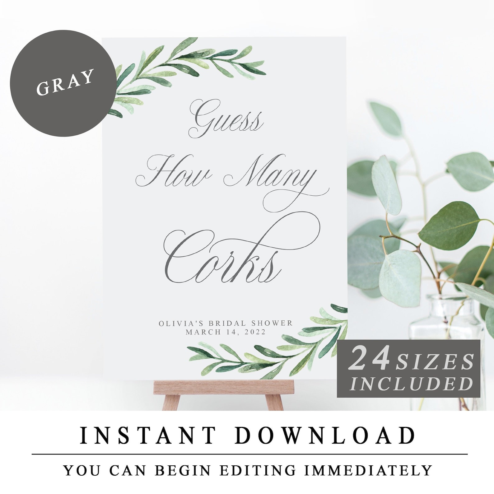 Greenery Guess How Many Corks Sign, Funny Bridal Shower Game, Garden ...