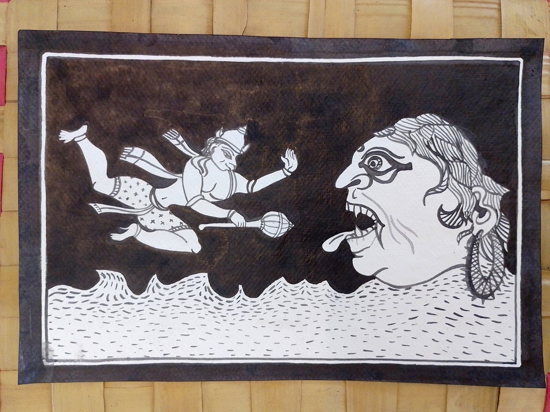 Hanuman & Surasa, Ink on Paper - Etsy