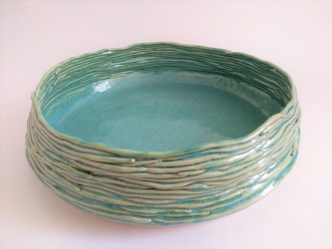 Large Ceramic Round Serving Bowl, Platter, Handmade, Warm Green With ...
