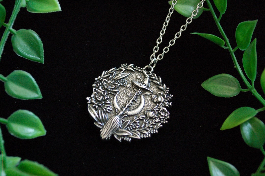 Witch Wicca Broomstick Necklace Moon Witch Hat Flower Fauna Medallion ...