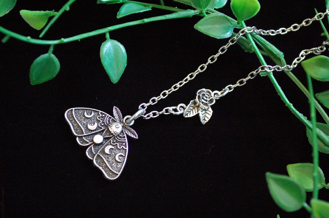 Silver Tone Moon Phase Moth Rose Pendant Necklace Gift - Etsy