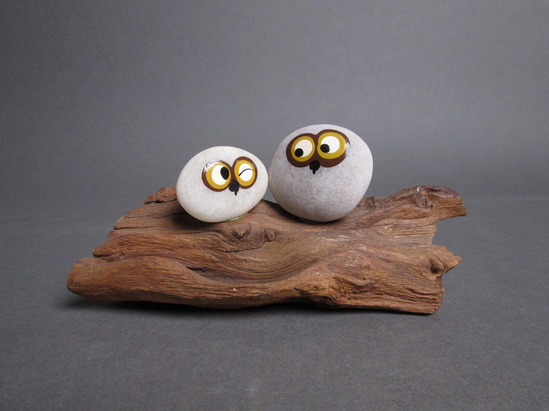 Vintage Groovy Retro Stone Owl Pair, Mounted Stone Painted Owls, Wood ...
