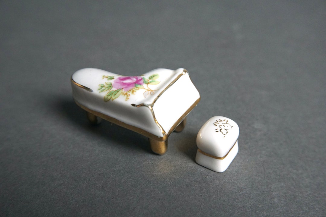 Miniature Ceramic Limoges Style Piano W/ Stool, Tiny Flowered Dollhouse ...
