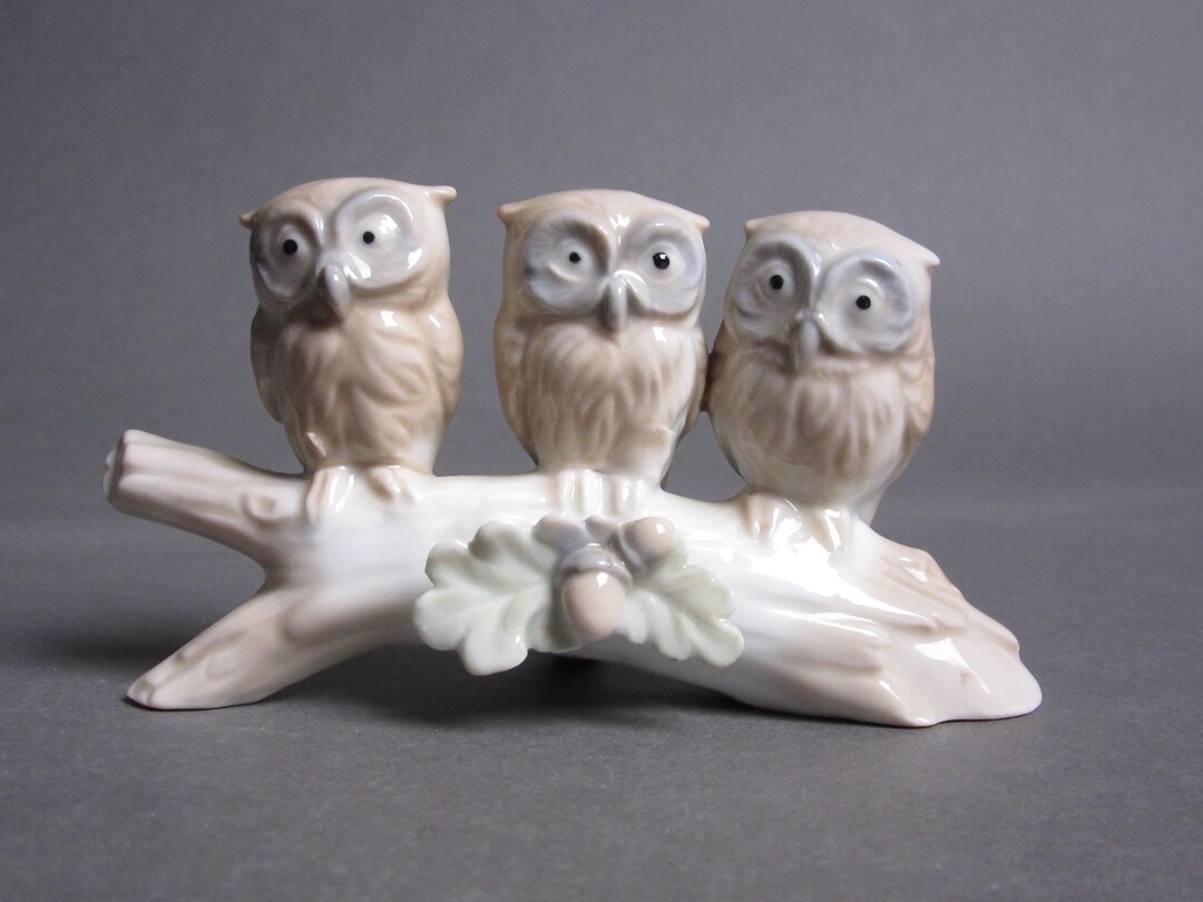 Vintage Porcelain Owl Trio, Miniature Owl Figurine, Owl Flock Sitting ...
