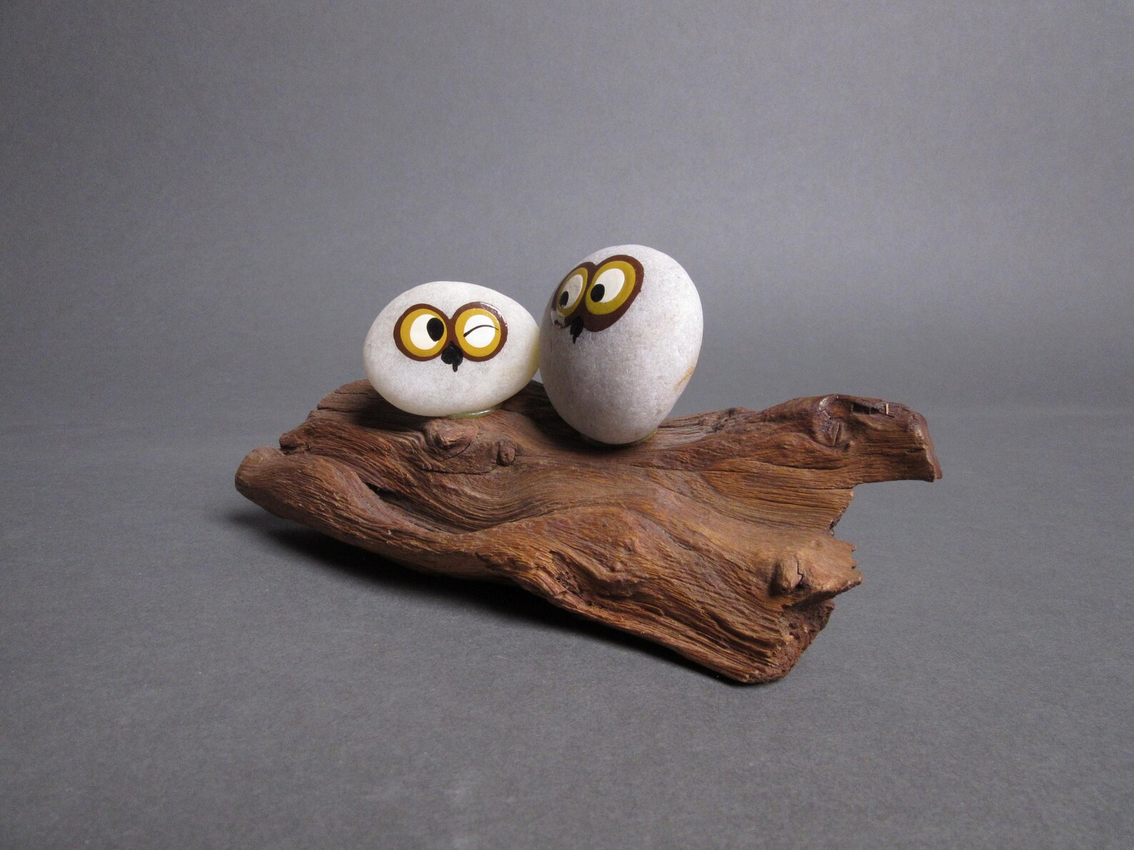 Vintage Groovy Retro Stone Owl Pair, Mounted Stone Painted Owls, Wood ...