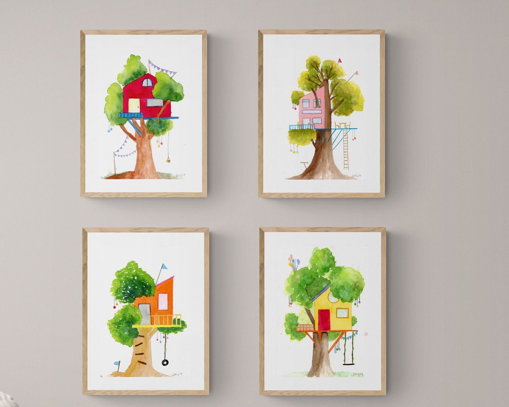Set of 4 Watercolor Treehouse Art. Wall Art. Watercolor Print. Kids ...